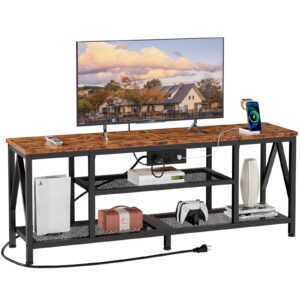 furologee tv stand with power outlets for 60 65 inch tv, entertainment center with open storage shelves, long 55'' tv media console table with soundbar shelf for living room, bedroom, rustic brown