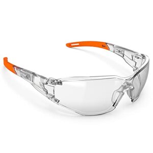 torege safety glasses for men, clear safety goggles eye protection with anti fog and anti blue light lens, scratch resistant uv protective work glass for women(c5-transparent&orange)