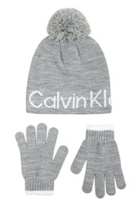 calvin klein girl's metallic beanie with pom and gloves set, light grey heather, 8-16