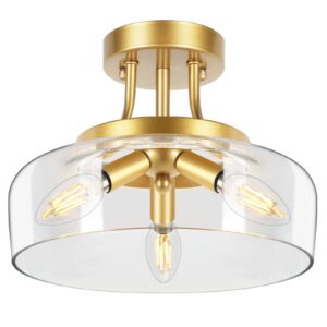 3-light gold semi flush mount ceiling light fixture, modern drum glass shade ceiling lamp for living room, kitchen, bedroom, hallway, bathroom, laundry - e12 socket, no bulbs