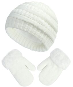 muryuobao toddler kids girls boys knitted winter hat gloves set warm fleece lined hats baby cable skull beanie cap mittens set white small