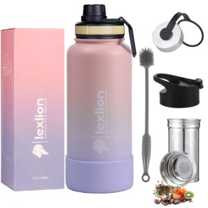 lexlion tea infuser bottle - fruit infuser water bottle 32 oz, triple walled insulated stainless steel bottle, thermal leaf infuser, silicone sleeve, 3 lids leakproof, metal mug gallon