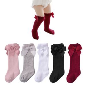 century star baby girls bow knee high socks toddlers ruffled tube socks infant school uniform leggings long stockings 05pcs white&black&pink&grey&red 6-18 months