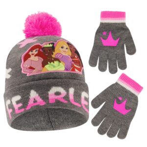 disney girls princess hat and kids gloves set for ages 4-7, grey