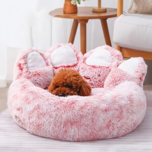 seahome dog bed cat pet sofa cute bear paw shape comfortable cozy pet sleeping beds for small, medium, and large dogs and cats, soft fluffy faux fur cat cushion dog bed (small 22'' x 22'', pink)