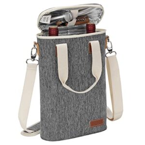 insulated waxed canvas padded wine cooler bag - portable tote carrier with corkscrew opener for travel, party, beach, wedding for wine lovers (grey)