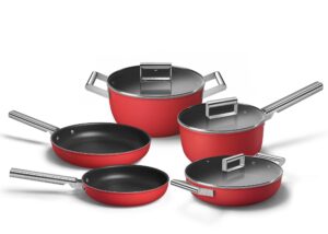 smeg 8pc non stick cookware set, red 9.5" frypan, 11" frypan, 3.5 qt saucepan with lid, 5 qt casserole pan with lid 4 qt deep pan with lid