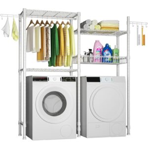 ulif clothes drying rack, over washer and dryer laundry room storage shelf, bathroom towel rack space saver with adjustable shelves, wire basket, and rotatable hooks, 63.4"l x 13.4"d x 76.7"h, white