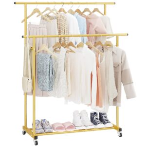 calmootey double rod clothing garment rack,rolling hanging clothes rack,portable clothes organizer for bedroom,living room,clothing store,gold