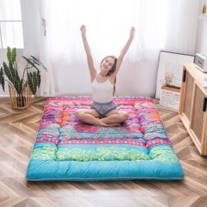 maxyoyo bohemian futon floor mattress boho floral style japanese tatami mat foldable bed portable camping sleeping pad lounger couch bed, queen