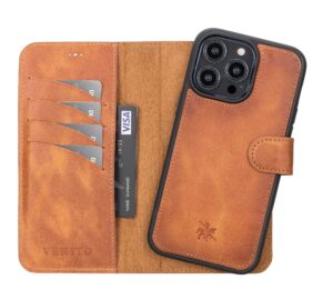 venito ravenna slim magic leather wallet case for iphone 14 pro max (6.7" antique brown)