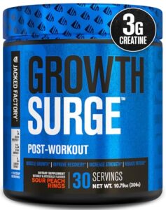 jacked factory growth surge creatine post workout w/l-carnitine - daily muscle builder & recovery supplement with creatine monohydrate, betaine, l-carnitine l-tartrate - 30 servings, sour peach rings