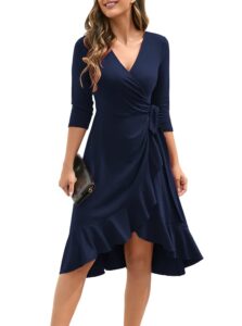 owin women's casual cocktail dress 3/4 sleeve v neck ruffle wrap a line swing midi dress with belt navy s