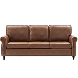 dreamsir 79 traditional faux leather sofa couch with nailhead trim, classic 3-seater sofa with rolled arm for living room, bedroom, apartment, easy assembly (brown) 5023