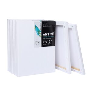 artme stretched canvas 8x10 inch pack of 10, 8oz primed acid-free 100% cotton, white blank canvases perfect for acrylic, oil, and other painting media, ideal painting canvas for artists and students