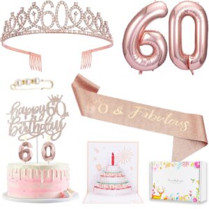 8pcs 60th birthday gifts decorations for women, including 60th happy birthday cake toppers, birthday queen sash with pearl pin, sweet rhinestone tiara crown, number candles and balloons set, rose gold