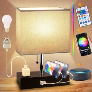 yieelog smart rgb dimmable table lamp work with alexa&app&remote control, bedside desk lamp with charging ports&outlet&phone stand, music sync nightstand lamp for bedroom living room office dorm