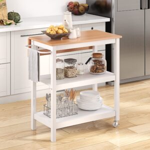 spirich home kitchen island cart on wheels, 3-tier rolling utility cart with storage, small kitchen island with drop leaf and towel rack for dining room, white