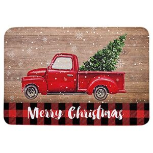 christmas bath rugs red truck with xmas tree sponge doormat absorbent non slip durable flannel mat red black check plaid retro wood grain christmas memory foam mats for bathroom kitchen 18 x 30 inches