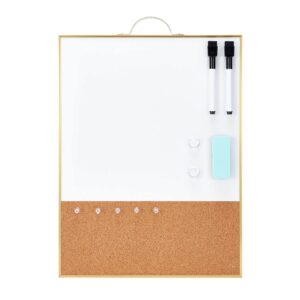 tsj office small combination board - 16" x 12" portable aluminum gold framed magnetic dry erase board for wall, small bulletin cork board with holder for office, home and school