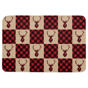 christmas bath rugs elk deer reindeer sponge doormat absorbent non slip backing durable soft flannel mat red buffalo plaid checkered christmas memory foam mats for bathroom kitchen 18 x 30 inches