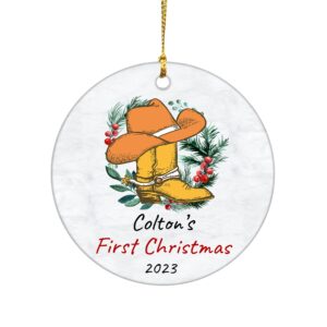 memate personalized babys first christmas 2023 ceramic ornament, western baby's 1st christmas ornaments keepsake, cowboy baby name ornaments, christmas decoration for newborn