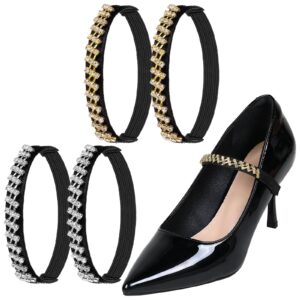 hanaive 2 pairs rhinestone elastic shoe ankle straps detachable shoe strap heel band for women high heels loose shoes, gold and silver