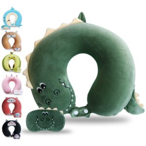 sexysamba cartoon headrest & neck pillow for kids boys & girls, teens, travel accessories for airplane, car, recline, memory foam cute travel pillow with sleep eye mask - dinosaur