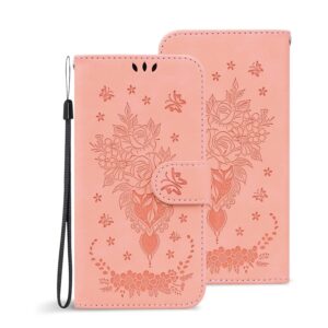 onv flip case compatible with sony xperia 1 iii - rose butterfly embossed phone case with card holder lanyard stand case leather magnetic wallet cover for sony xperia 1 iii [xt] -pink