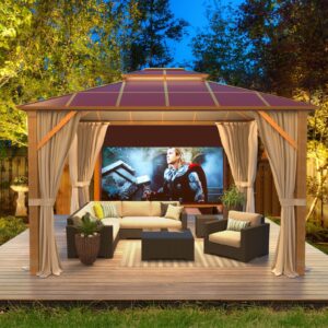 mellcom 10' x 12' hardtop gazebo, wooden finish coated aluminum frame outdoor gazebo with aluminum double roof, claret metal gazebo with curtains and nettings for patios, gardens, lawns, parties