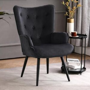 furniliving velvet accent chair modern upholstered side armchair with tapered legs tufted button wingback sofa chairs tall back reading for living room bedroom waiting room, black