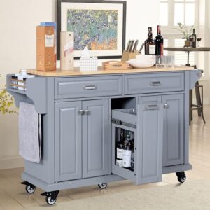 cambridge rolling kitchen island on wheels utility cart with spice and towel racks and rubber wood countertop, storage drawers, door cabinets, gray