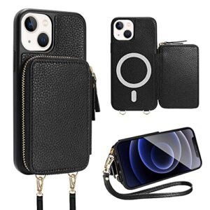 zve for iphone 14 plus crossbody wallet case for magsafe, magnetic phone case with rfid blocking card holder wrist strap for women, zipper leather cover for iphone 14 plus, 6.7"-black