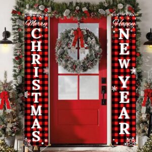 ivenf merry christmas & happy new year decorations, red black buffalo plaid banner, 2 pcs front porch sign set, indoor outdoor yard wall home decor