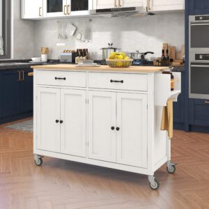 kitchen island on wheels - moveable kitchen island with solid wood top and locking wheels, rolling kitchen carts on wheels with storage, white