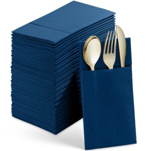 50-pack disposable linen-feel dinner napkins with built-in flatware pocket, blue prefolded cloth like paper napkins for wedding, dinner or party