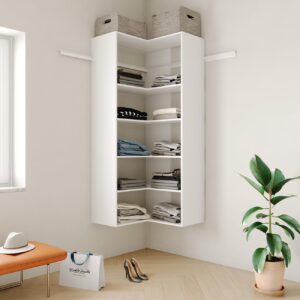 solrig closet system corner storage kit, with hanging rod and all hardware kits, adjustable shelves, need to be assembled, manufactor wood with white color for bedroom and closet room.