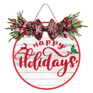 christmas welcome sign for front door white red wooden happy holiday sign with wreath porch front door hanging decor farmhouse wall decorations for home outdoor indoor (12 * 12 inch)