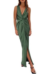 prettygarden women's satin ruched bodycon dress summer 2024 twist front v neck sleeveless split maxi dresses (army green,medium)