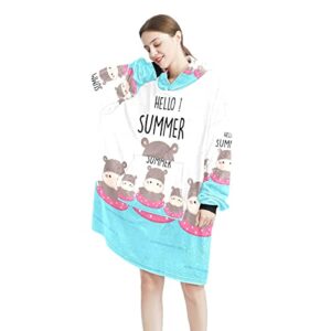 wearable blanket hoodie,oversized hooded for women,comfy sweatshirt hello summer cute hippo-01