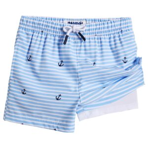 maamgic boys swim trunks with compression liner toddler stretch swim shorts quick dry swimming trunks boxer brief 2 in 1 beach shorts white blue striped 5/6