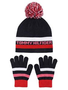 tommy hilfiger girl's tommy striped beanie and magic glove set, navy blazer, 4-7