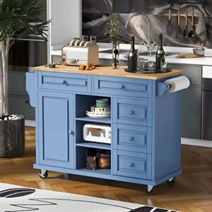 merax rolling mobile kitchen island cart with wood desktop and storage drawers, 53 inch width, blue