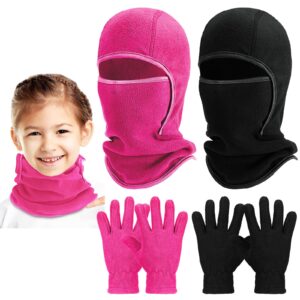 4 pcs kids balaclava ski mask and fleece gloves set winter hat face mask warm full finger glove for boys girls 8-12 years old (black, rose red)