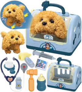 teuvo pet care playset robot dog toys for kids, 12pcs kids vet playset toys veterinarian kit doctor kit & interactive electric dog plush & cage pretend play gifts for girls toddlers 3 4 5 6 7 year old