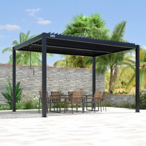 patisol louvered pergola 10'x13' full aluminum patio outdoor pergola with adjustable roof rainproof sun shade easy installation pergola hardtop gazebo for deck garden yard beach (dark grey)