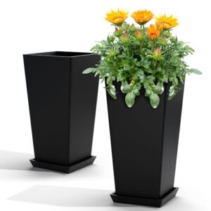 elevens tall planters 20 inch tapered square planters garden flower pots,indoor/outdoor planter with tray, large planter for patio black-2 pack