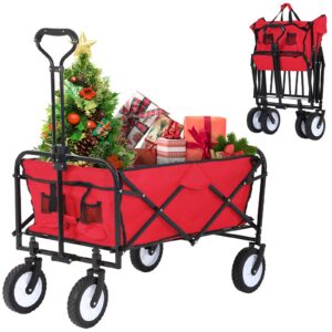 hklgorg folding wagon with wheels - heavy duty beach & outdoor grocery wagon, portable & collapsible utility wagon with handle for camping, red