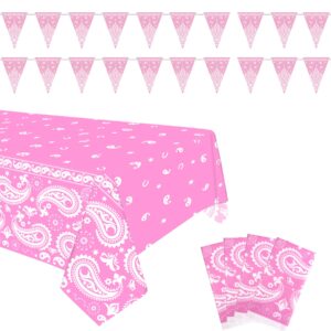 kefan pink western cowgirl horse party tablecloth decorations, bandana table cloth, triangle banner, rectangle floral tablecloth for western cowgirl cowboy themed party (4pcs)