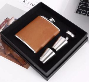 brown leather hip flask 8 oz stainless steel pu leather wrap flask gift set with 2 cups & funnel